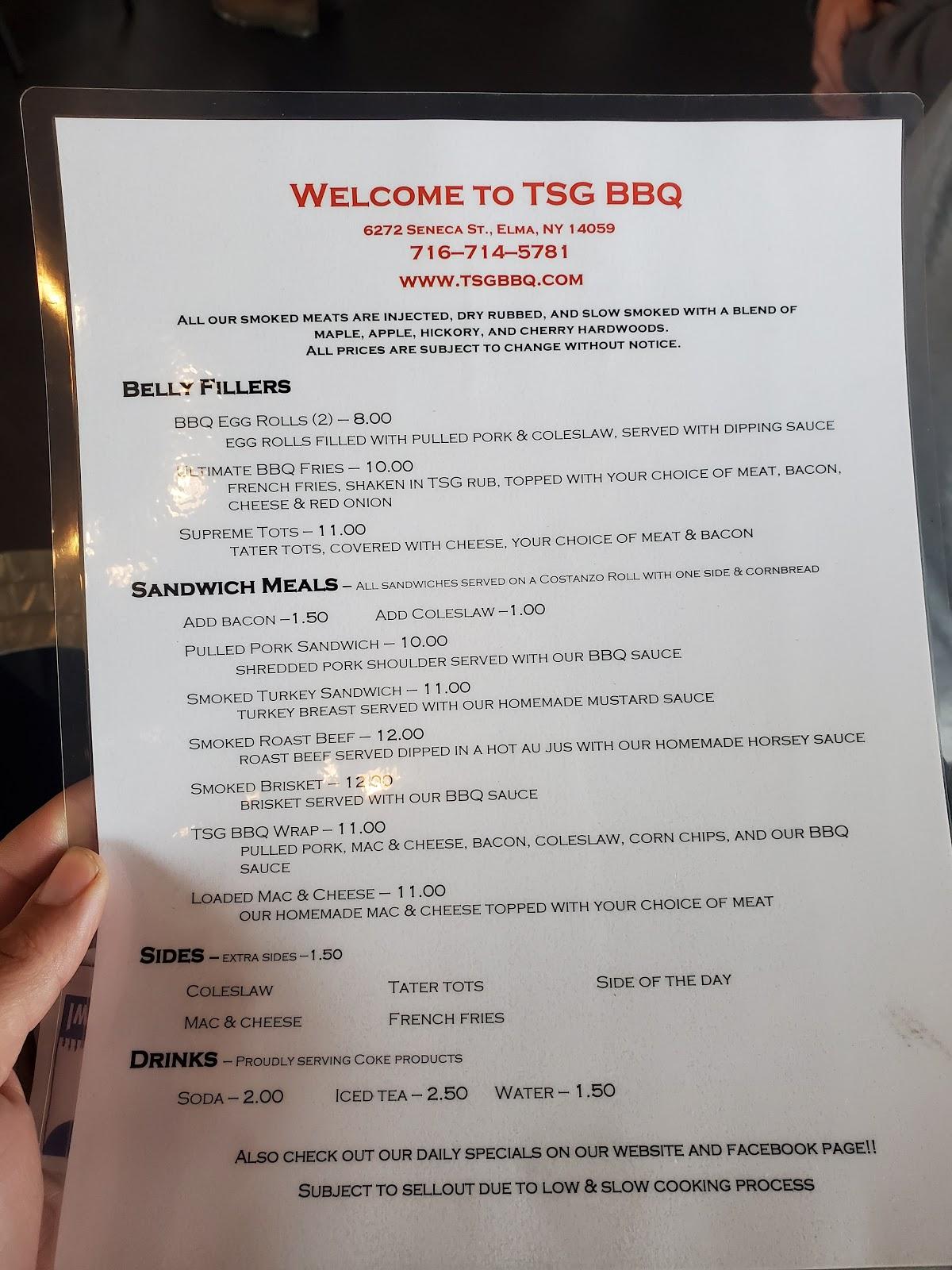 Menu at TSG BBQ, Elma