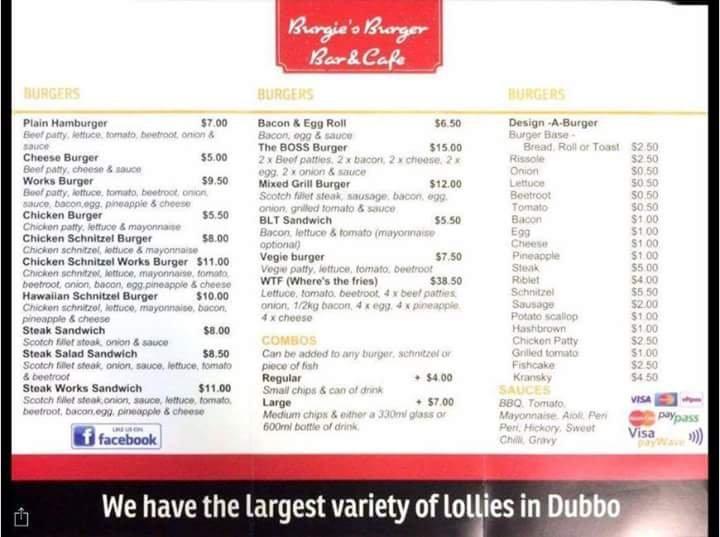 Menu at Burgie's Burger Bar & Cafe, Dubbo
