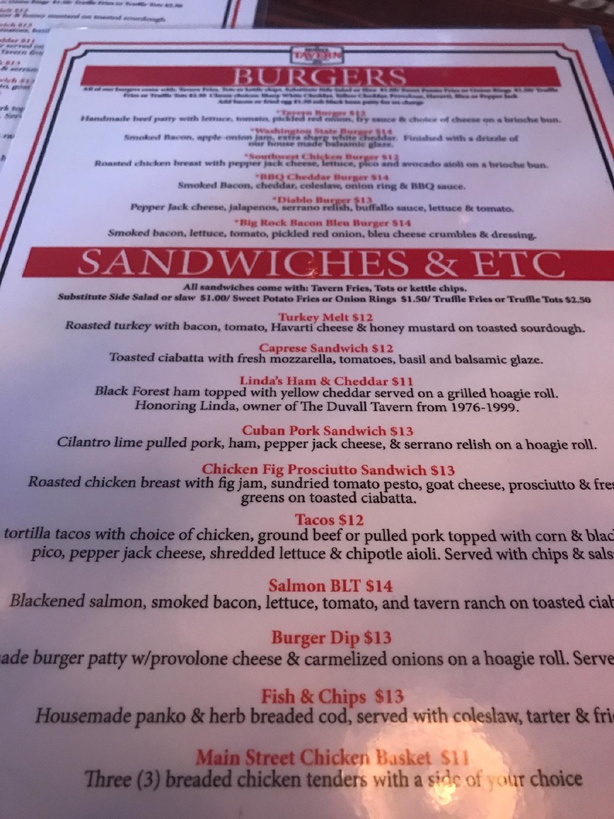 Menu at Duvall Tavern pub & bar, Duvall, Main St NE
