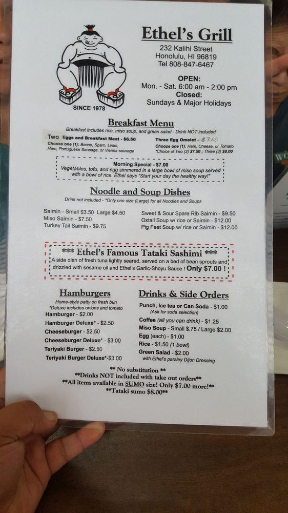 Menu at Ethel's Grill restaurant, Honolulu