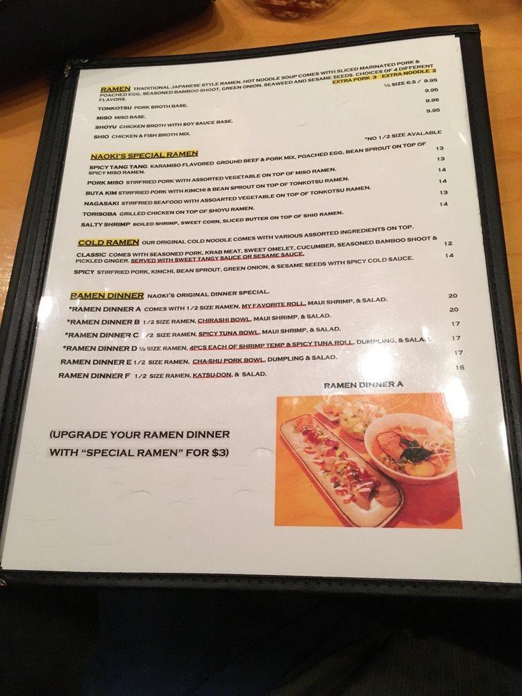 Menu at NAOKI JAPANESE CUISINE restaurant, Palm Bay