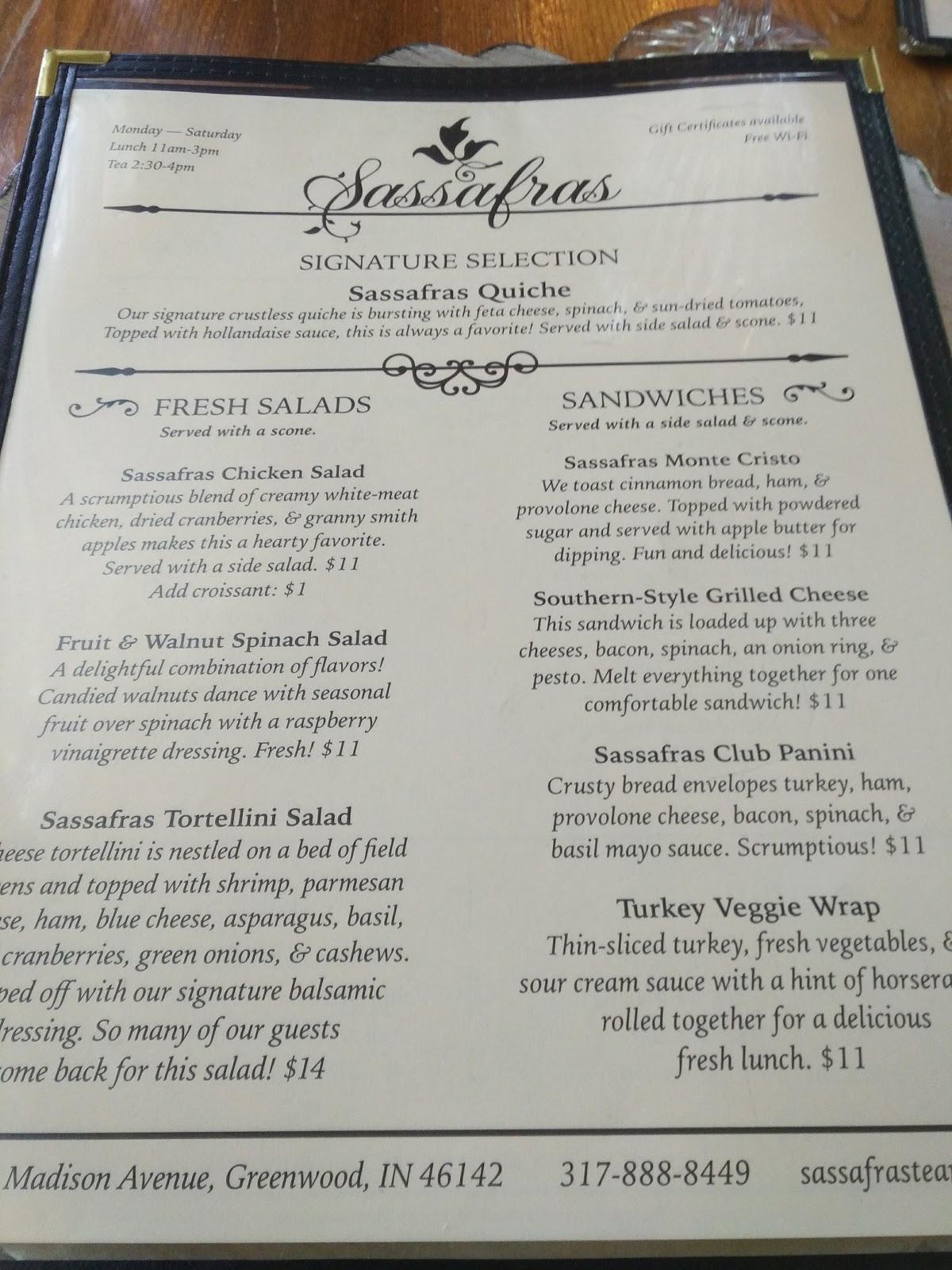 Menu at Sassafras Lunch & Tea Room restaurant, Greenwood