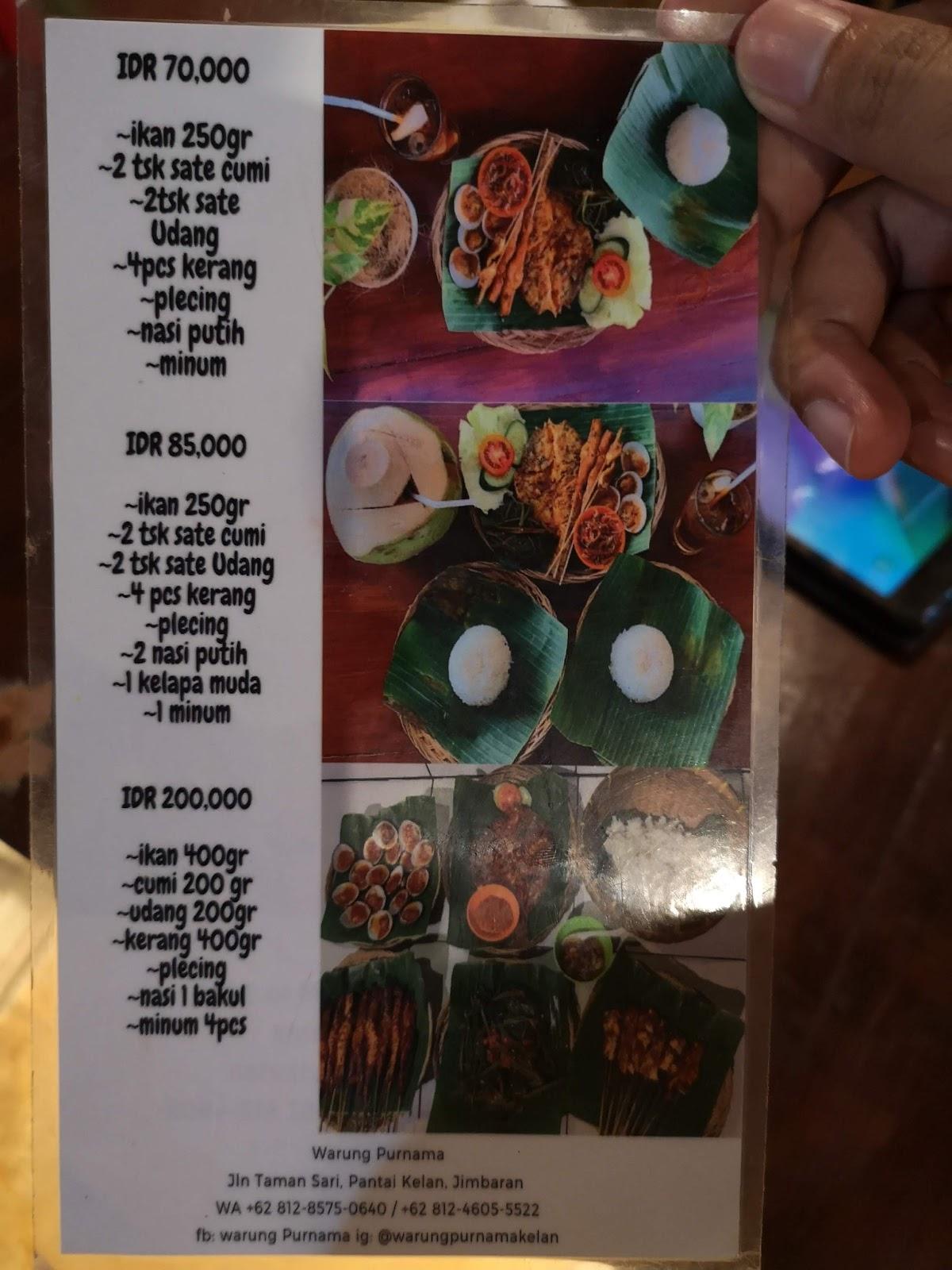 Menu at Warung Purnama restaurant, Denpasar, Jl. Taman Sari