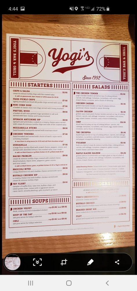 Menu at Yogi's pub & bar, Bloomington