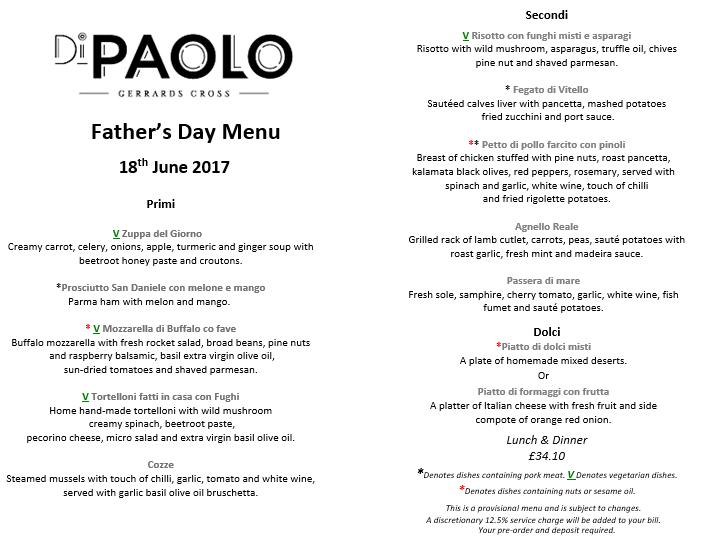 Menu at Di Paolo restaurant, Gerrards Cross