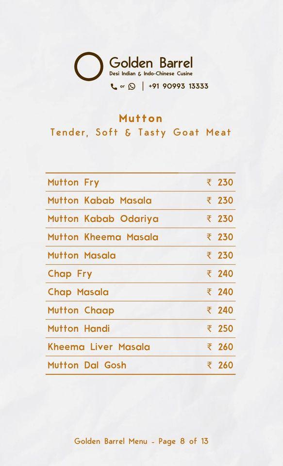 Menu at Golden Barrel, Daman