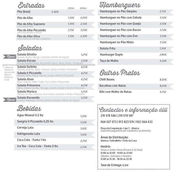 Menu at Il Pizzaiollo pizzeria, Alverca do Ribatejo
