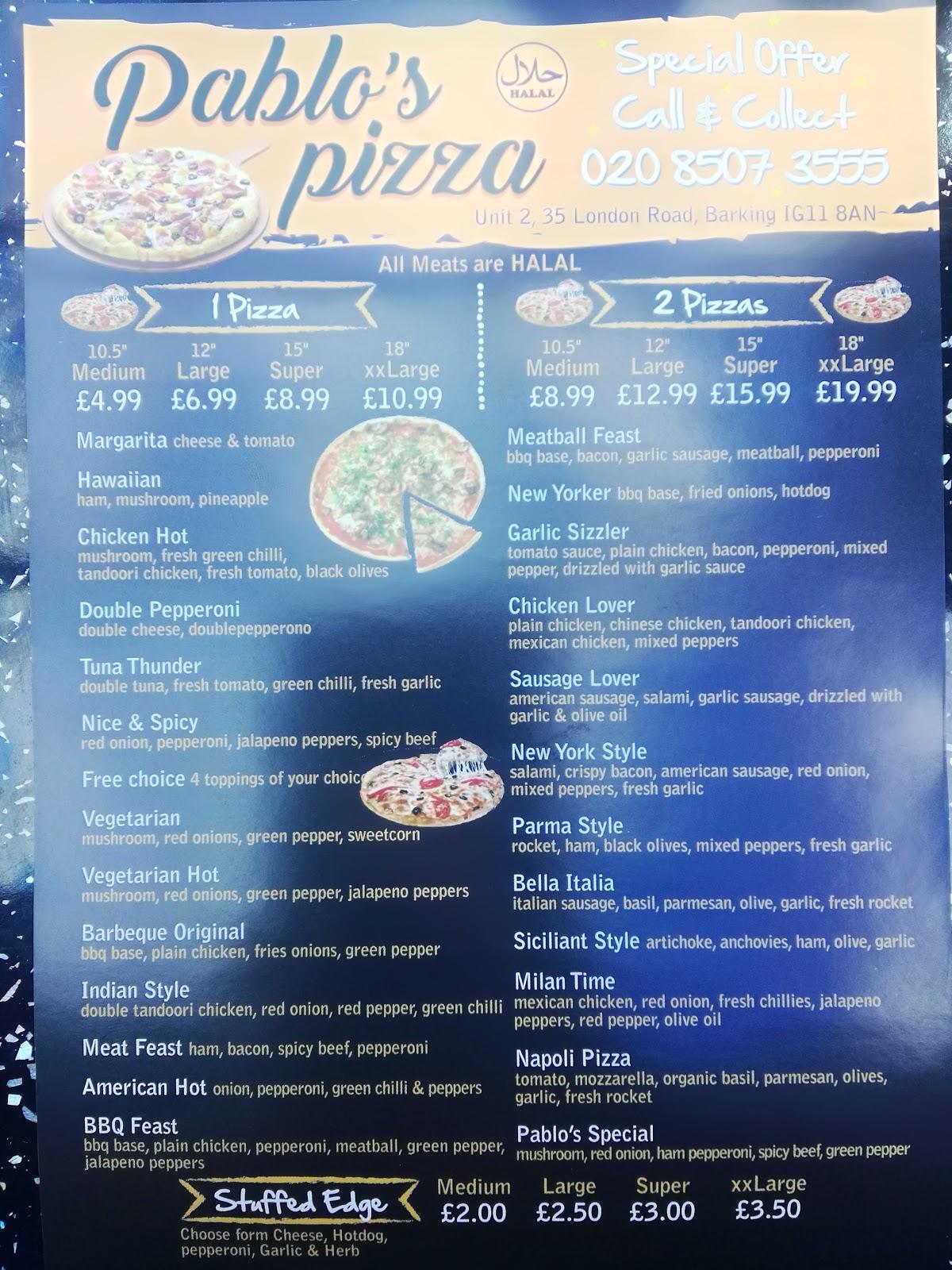 Menu at Pablo's Pizza restaurant, Barking