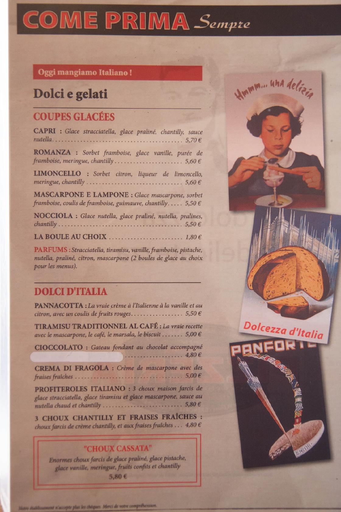 Menu at Pizzeria Come Prima, Grenoble