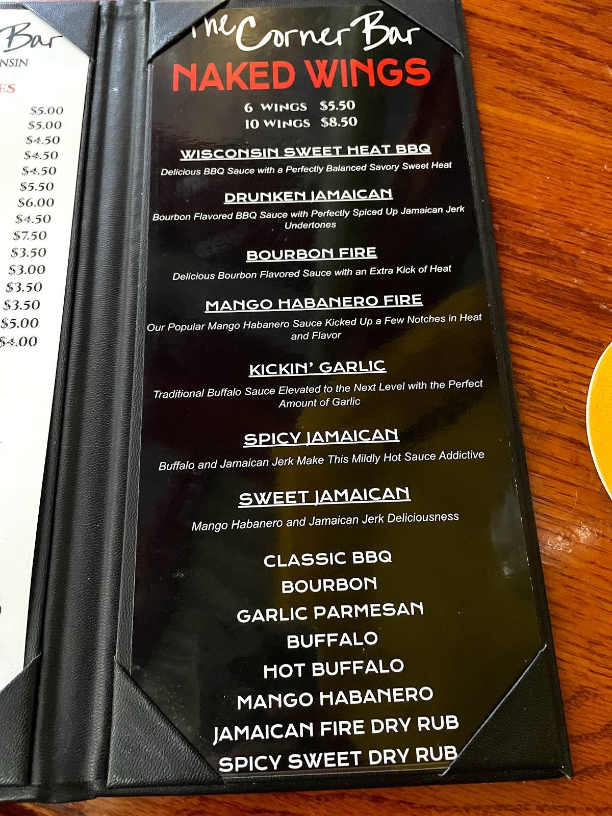 Menu at The Corner Bar, Johnson Creek