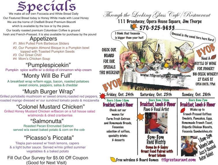 Menu at Through The Looking Glass cafe, Jim Thorpe, 111 Broadway