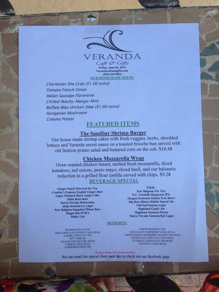 Menu at Veranda Cafe & Gift, Black Mountain