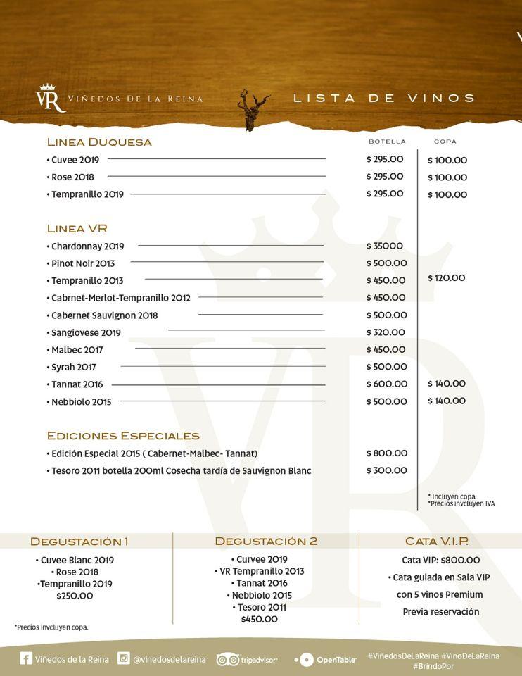 Menu at Viñedos de la Reina pub & bar, Mexico