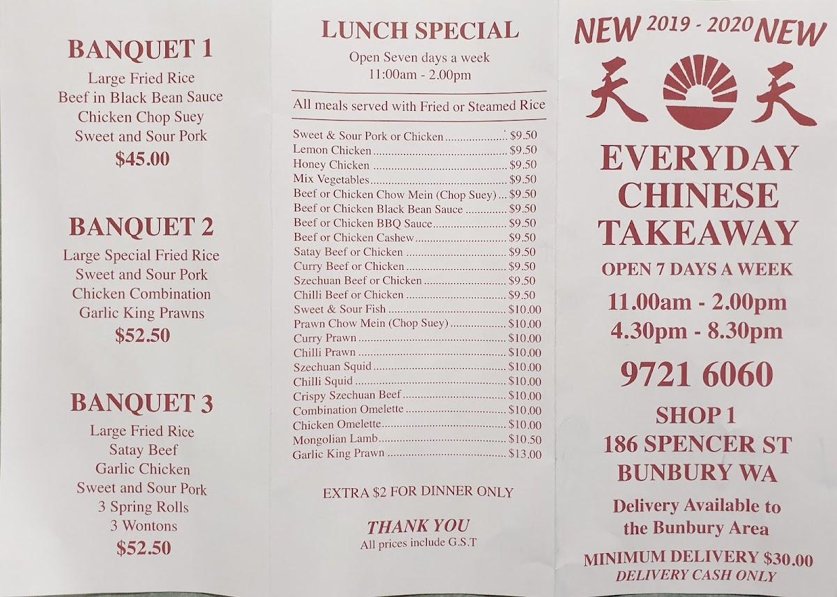 Menu at Everyday Chinese restaurant, Bunbury