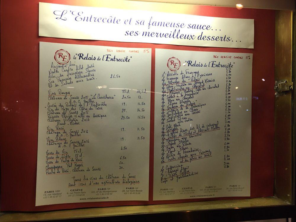 Menu au Le Relais de l'Entrecôte restaurant à viande, Paris, 15 Rue Marbeuf