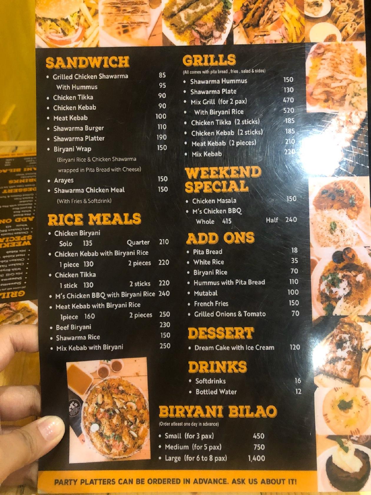 Menu at M's CHARCOAL SHAWARMA AND GRILL fast food, Las Pinas