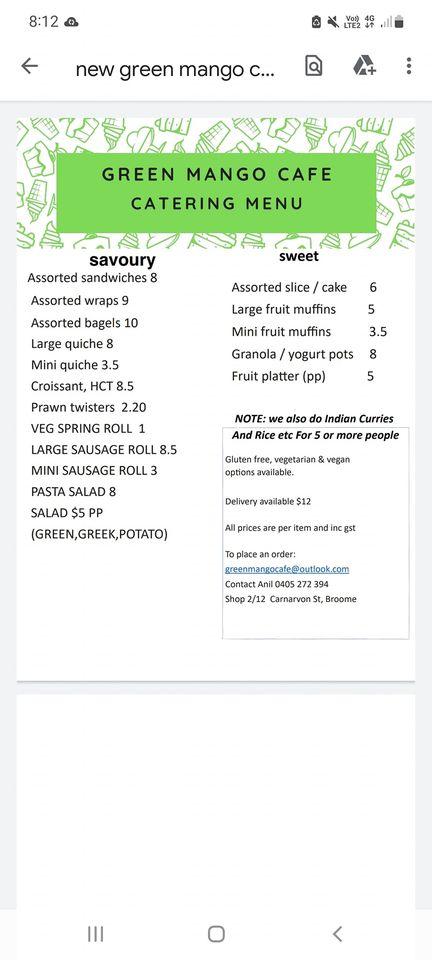 Menu at The Green Mango Cafe, Broome