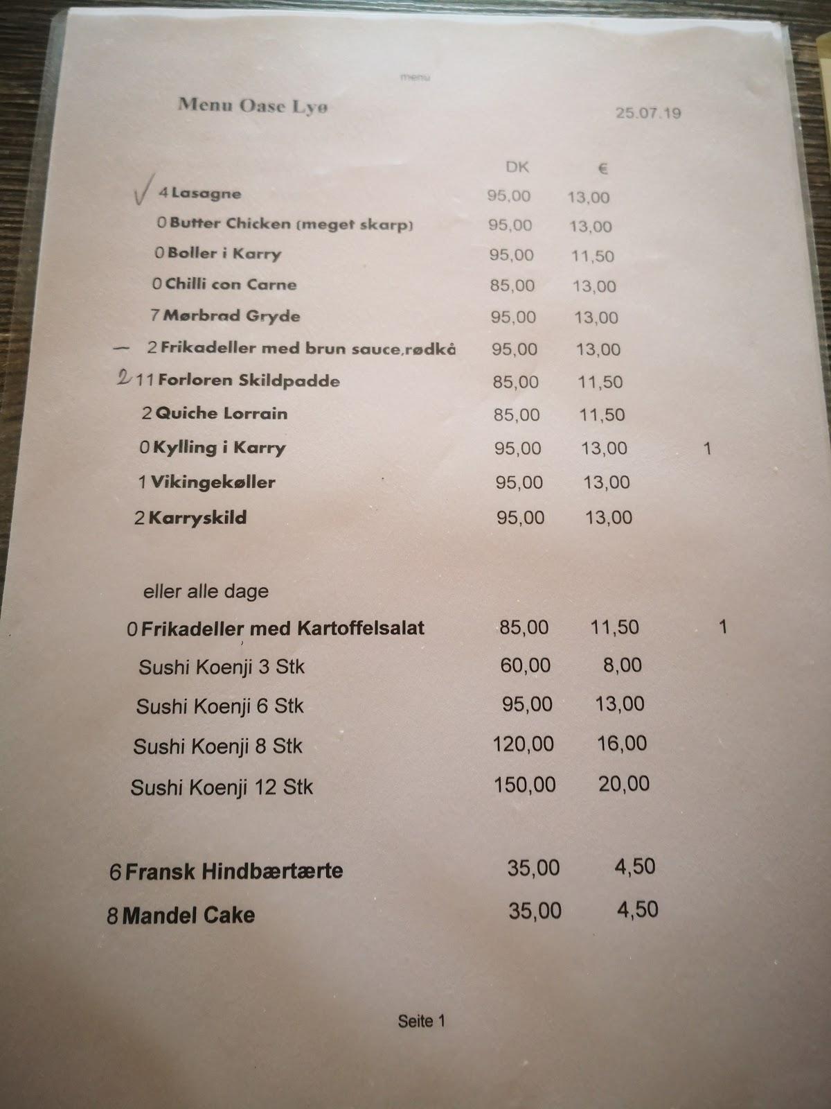 Speisekarte von Café og bar, Dänemark