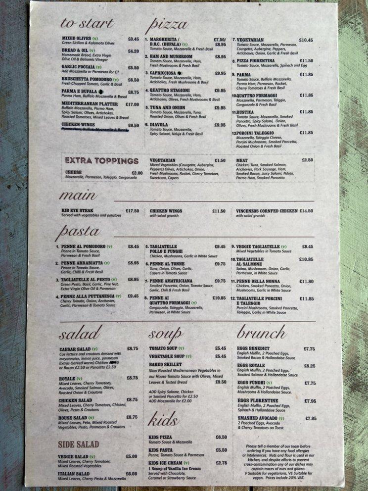 Carta de pizzería Carmelo's, Saint Albans