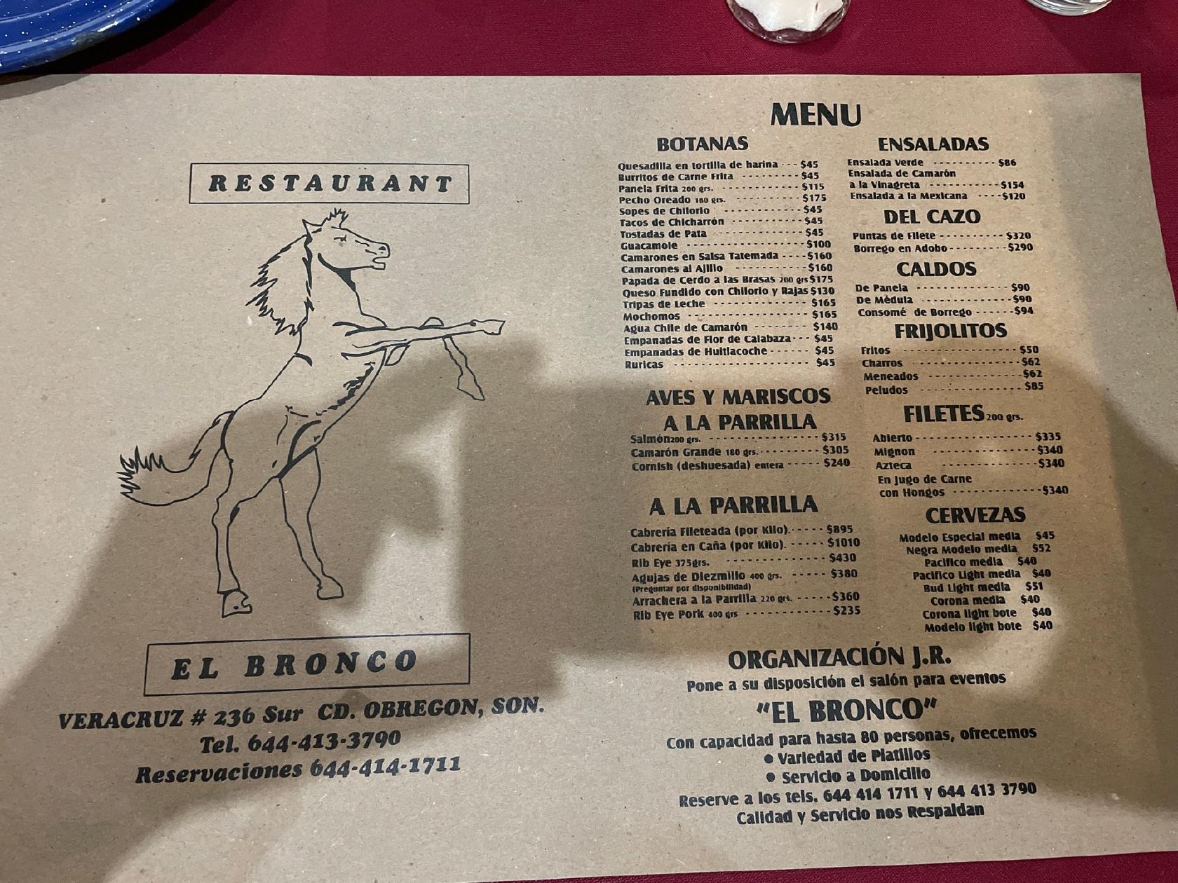 Menu at El Bronco pub & bar, Ciudad Obregón
