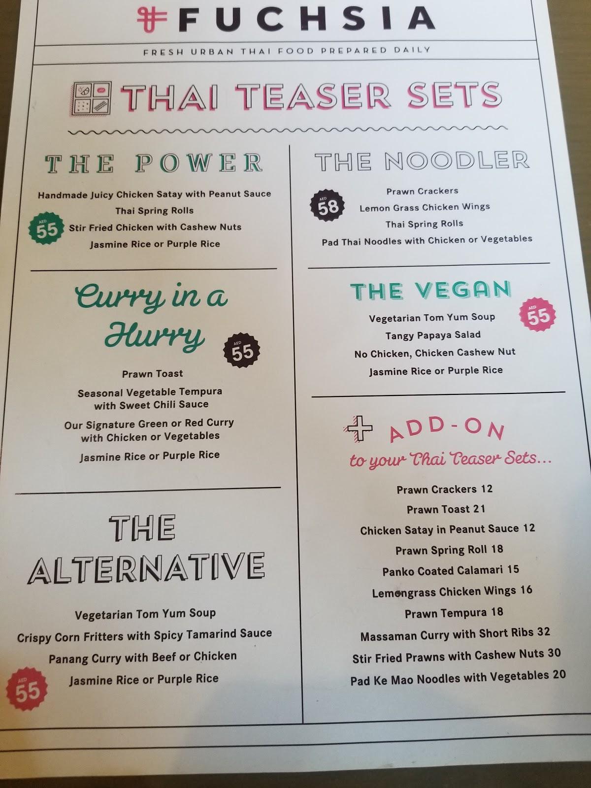 Carta del restaurante Fuchsia Urban Thai, Dubai, 35WH+3F5 Two Towers Tecom
