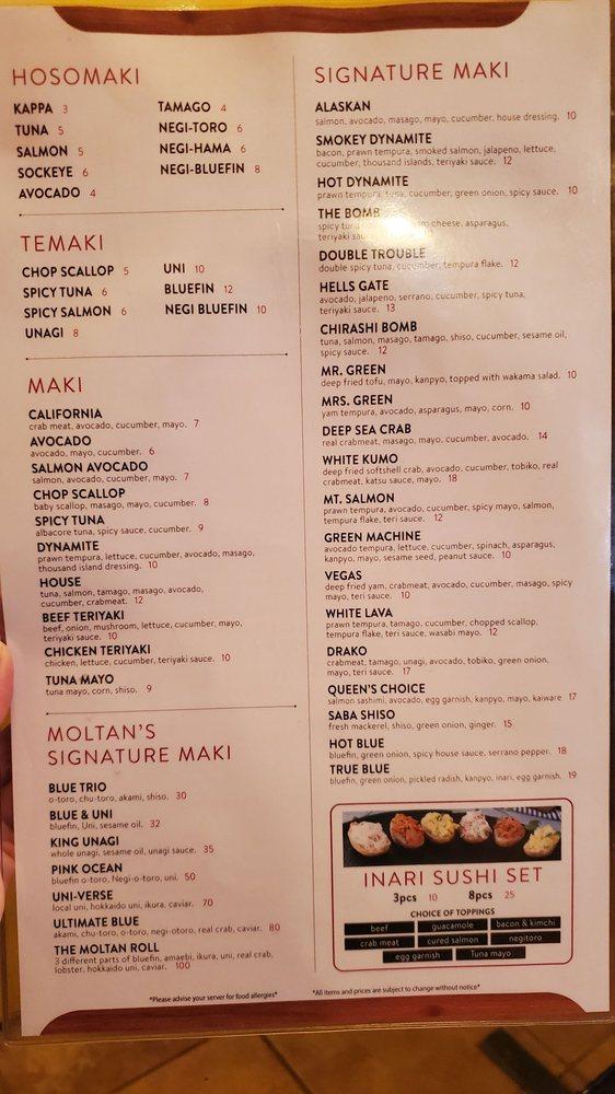 Menu at Moltan restaurant, Vancouver