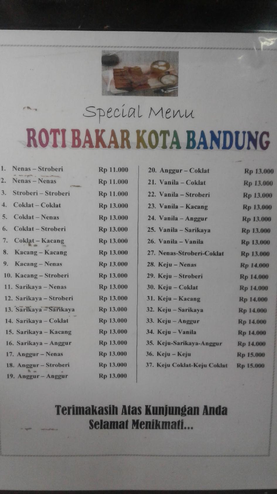 Menu at Roti Bakar Bandung, Pekanbaru, Jl. Pemuda No.41