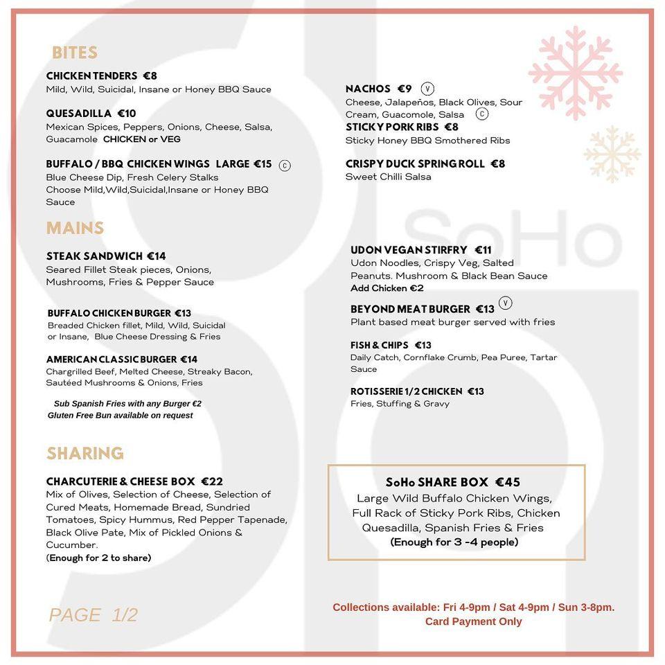 Menu at SoHo pub & bar, Cork