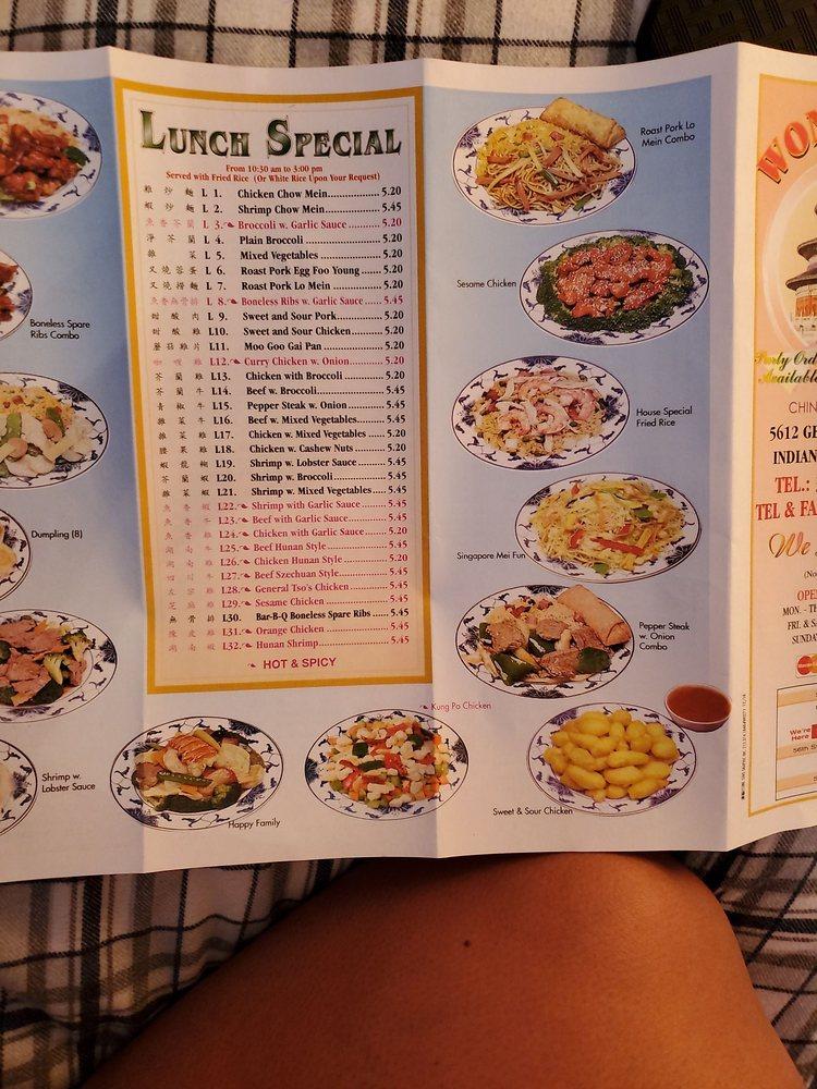 Carta del restaurante Wonder Wu, Indianapolis