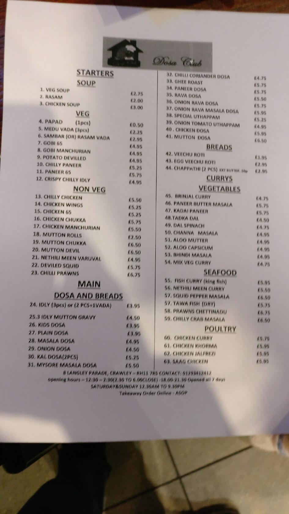 Menu at Dosa Club, Crawley