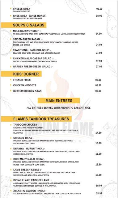 Menu at Indian Flame restaurant, Wynantskill