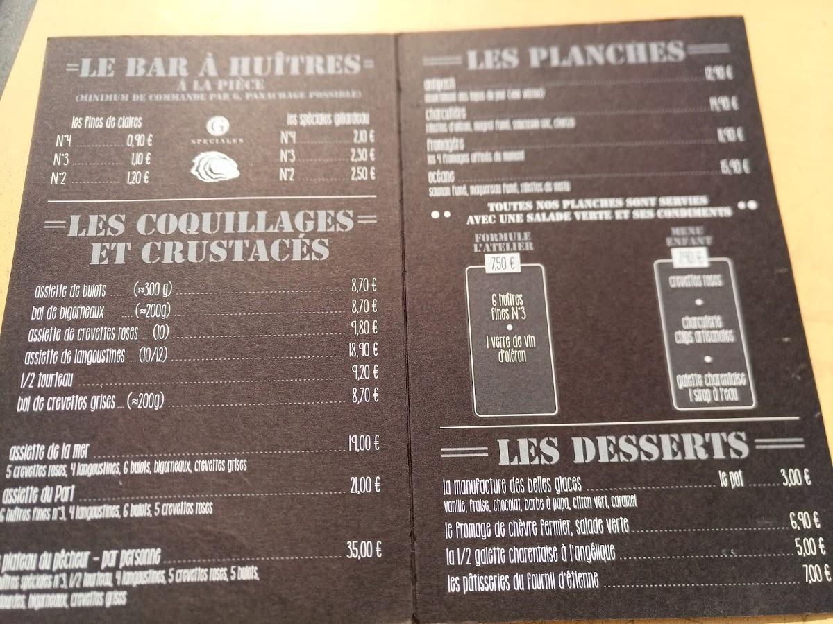 Menu at L'Atelier restaurant, Le Château-d'Oléron