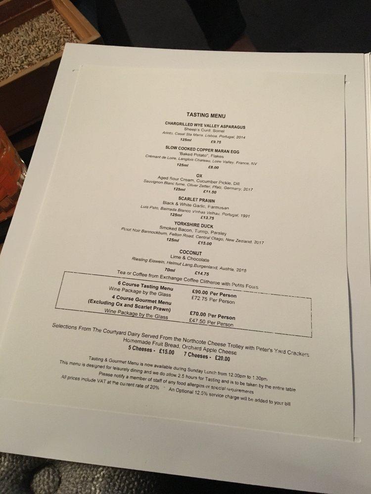 Menu at Northcote restaurant, Langho