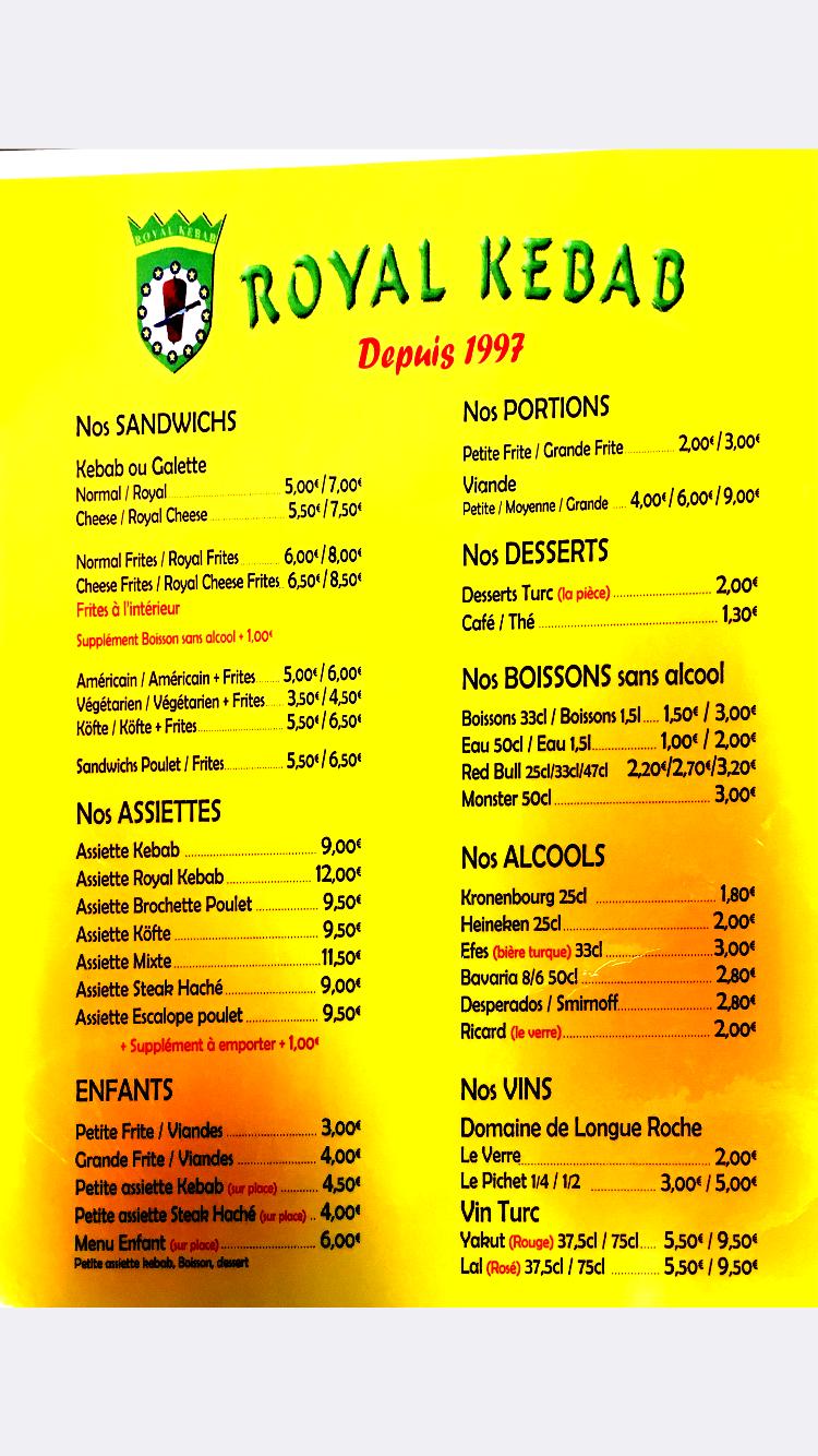 Menu at Royal Kebab Depuis 1997 fast food, Narbonne