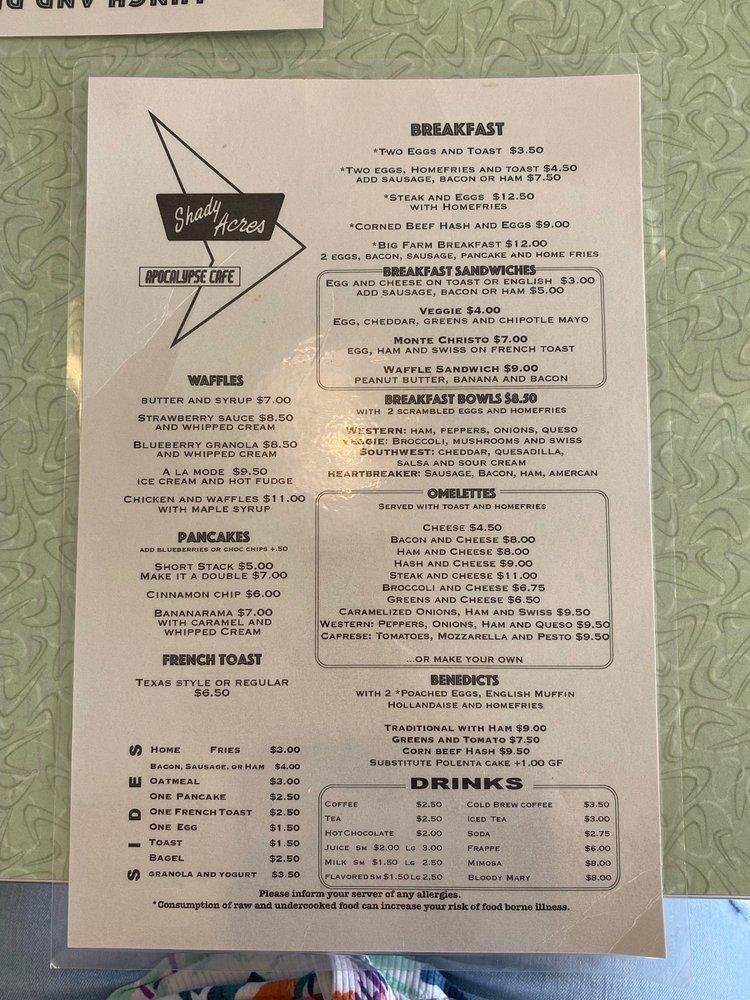 Menu at Shady Acres Diner restaurant, Foster