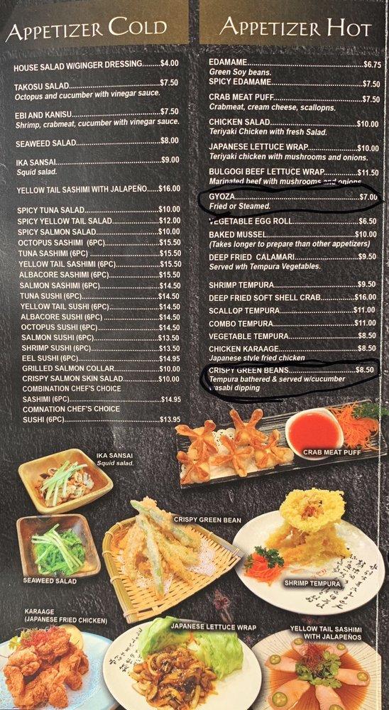 Menu at Sunny's Sushi restaurant, Horizon City