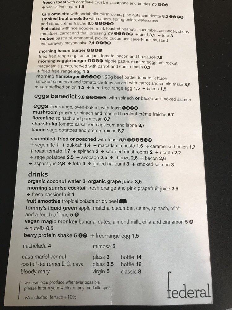 Carta de Federal Café Conde Barajas, Madrid