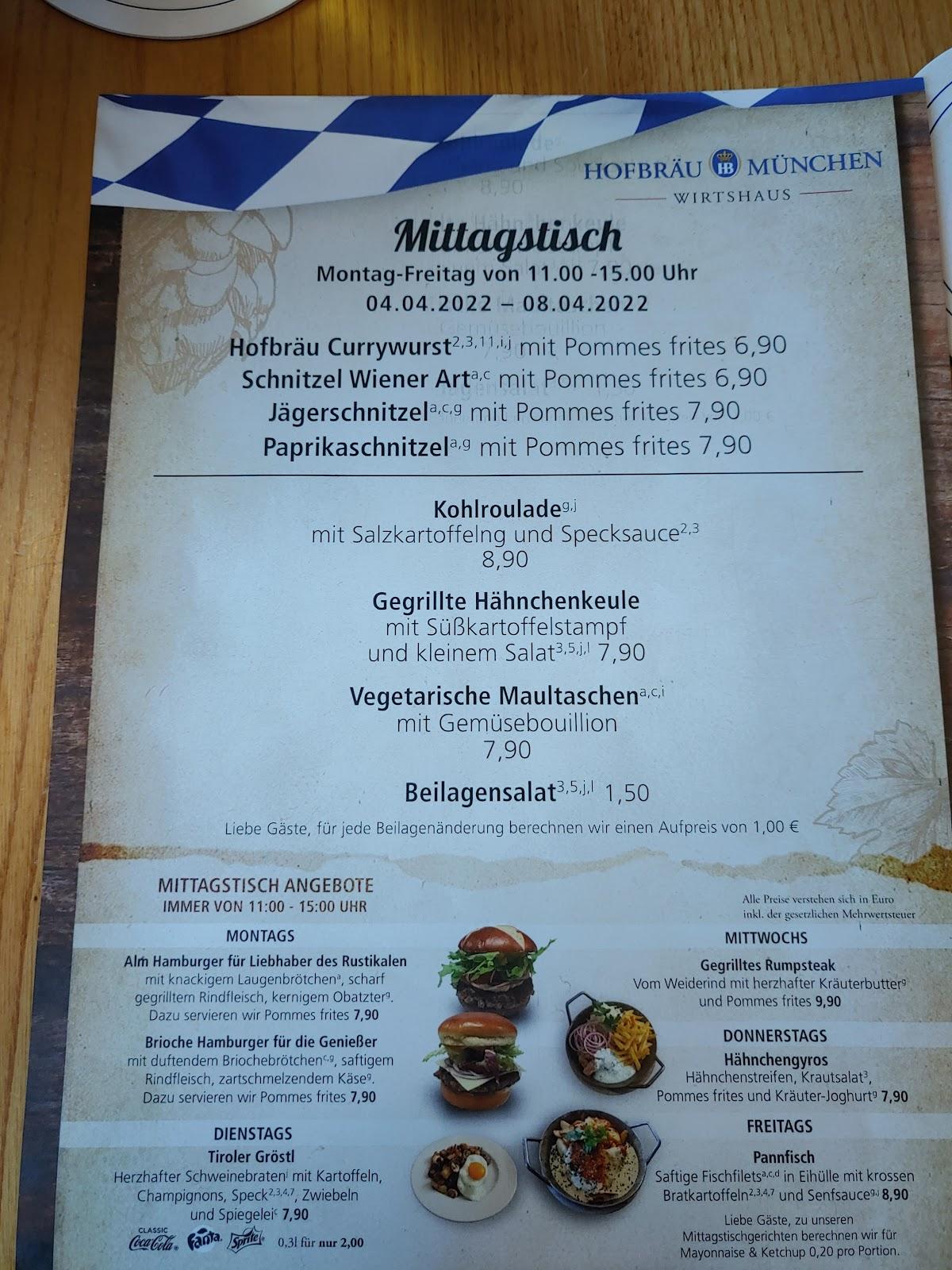 Speisekarte von Hofbräuhaus Hamburg restaurant, Hamburg