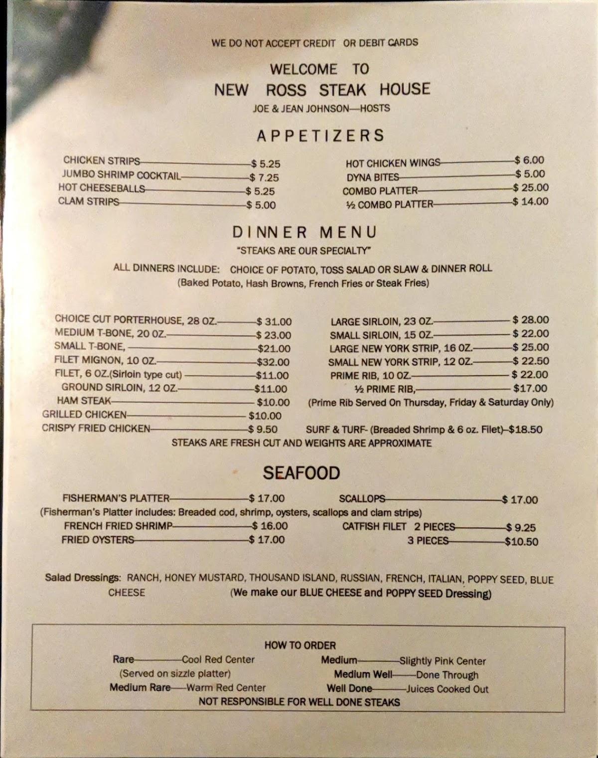 Menu at New Ross Steak House steakhouse, New Ross