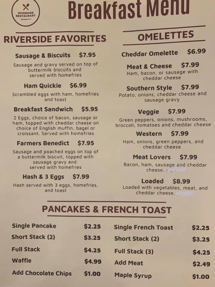 Menu at Riverside Restaurant, Springfield