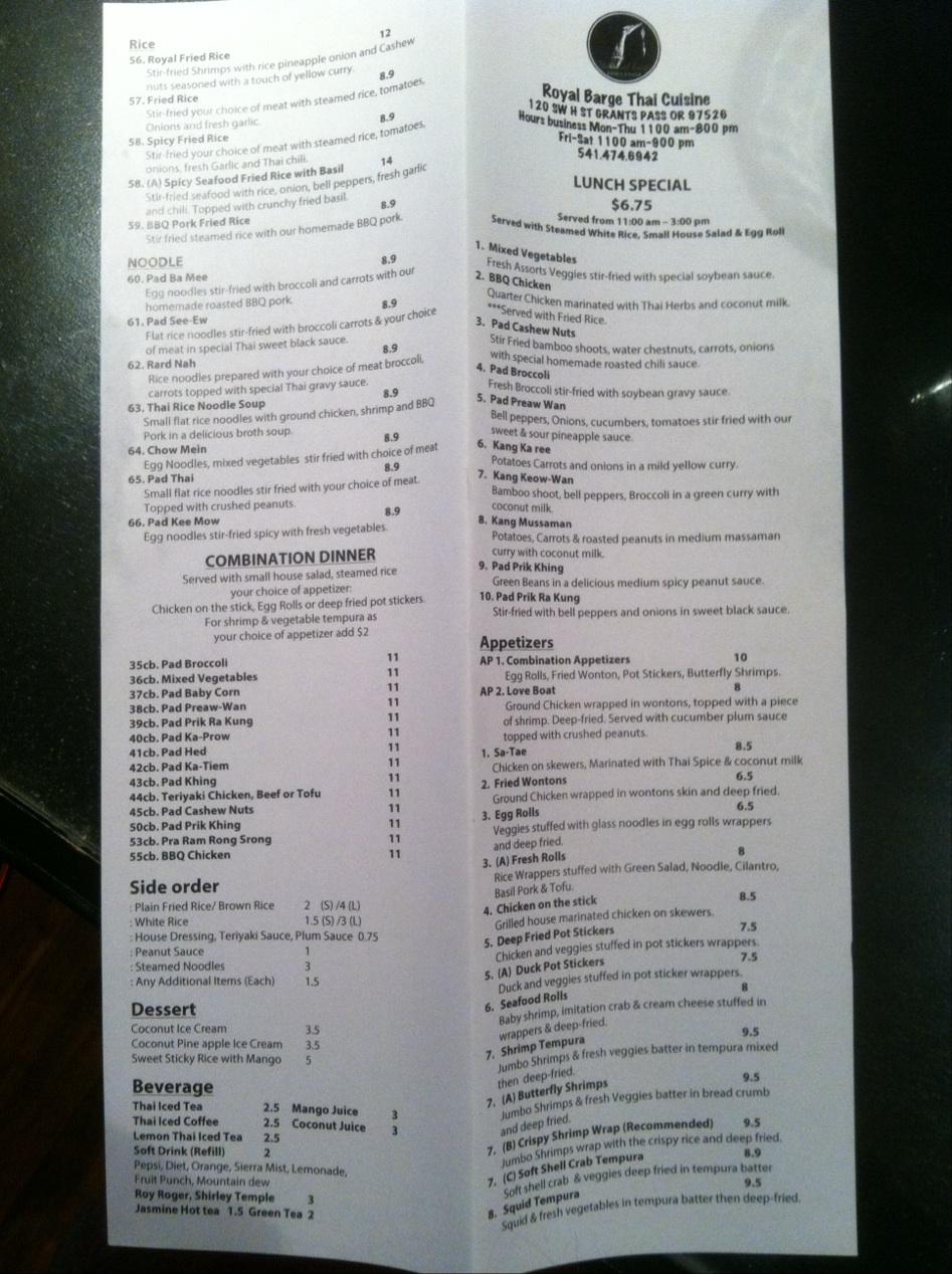 Menu at Royal Barge Thai Cuisine, Grants Pass, 120 SW H St