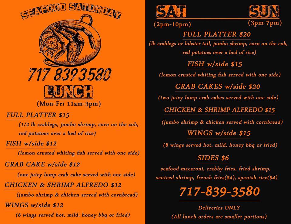 Menu at Seafood Saturday restaurant, Harrisburg, Jonestown Rd
