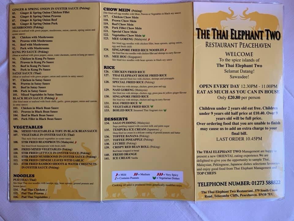 Menu at Thai Elephant Two restaurant, Peacehaven