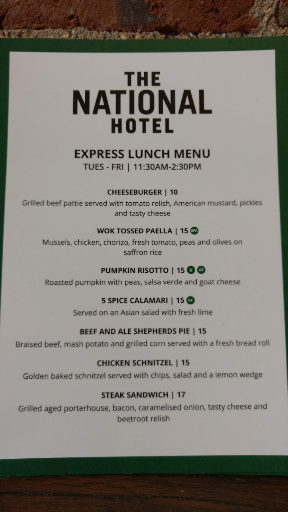 Menu at The National Hotel pub & bar, Geelong