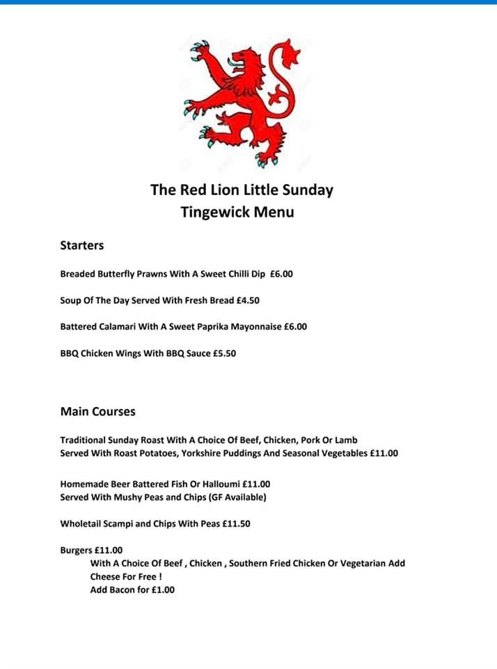 Menu at The Red Lion, Little Tingewick pub & bar, Tingewick, Road