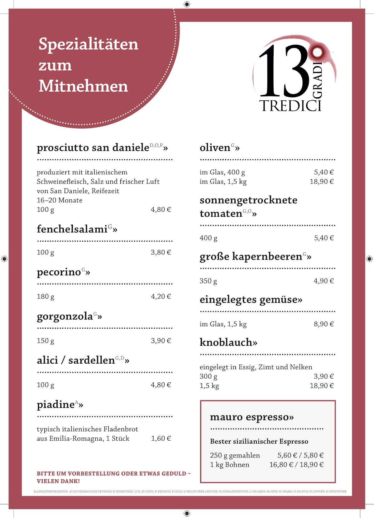 Speisekarte von Tredici Gradi pub & Bar, Wien
