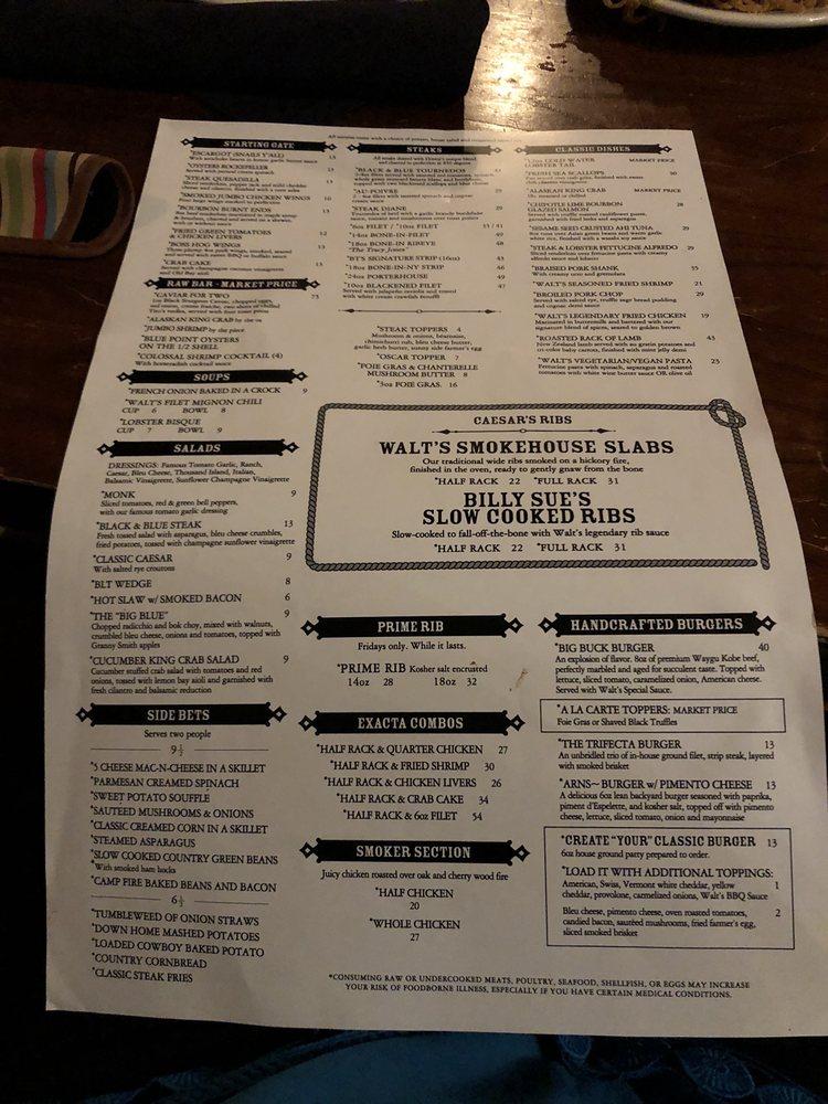 Menu at Walt's Hitching Post steakhouse, Fort Wright