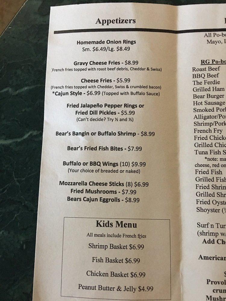 Menu at Bears PoBoys restaurant, Metairie