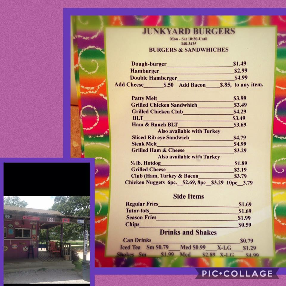 Menu at Junk Yard Burgers fast food, Guntown, N Main St