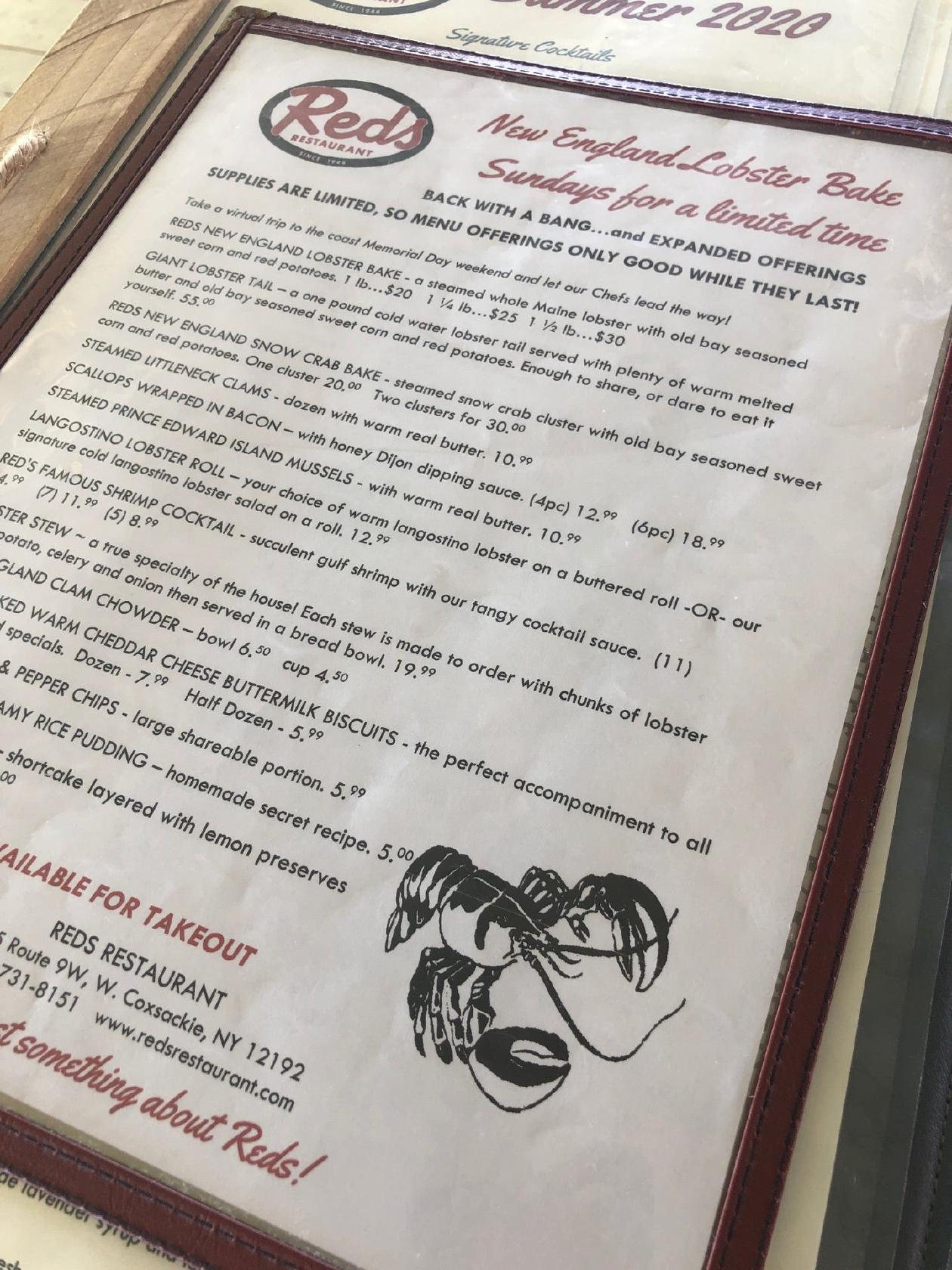 Menu at Reds Restaurant, Coxsackie